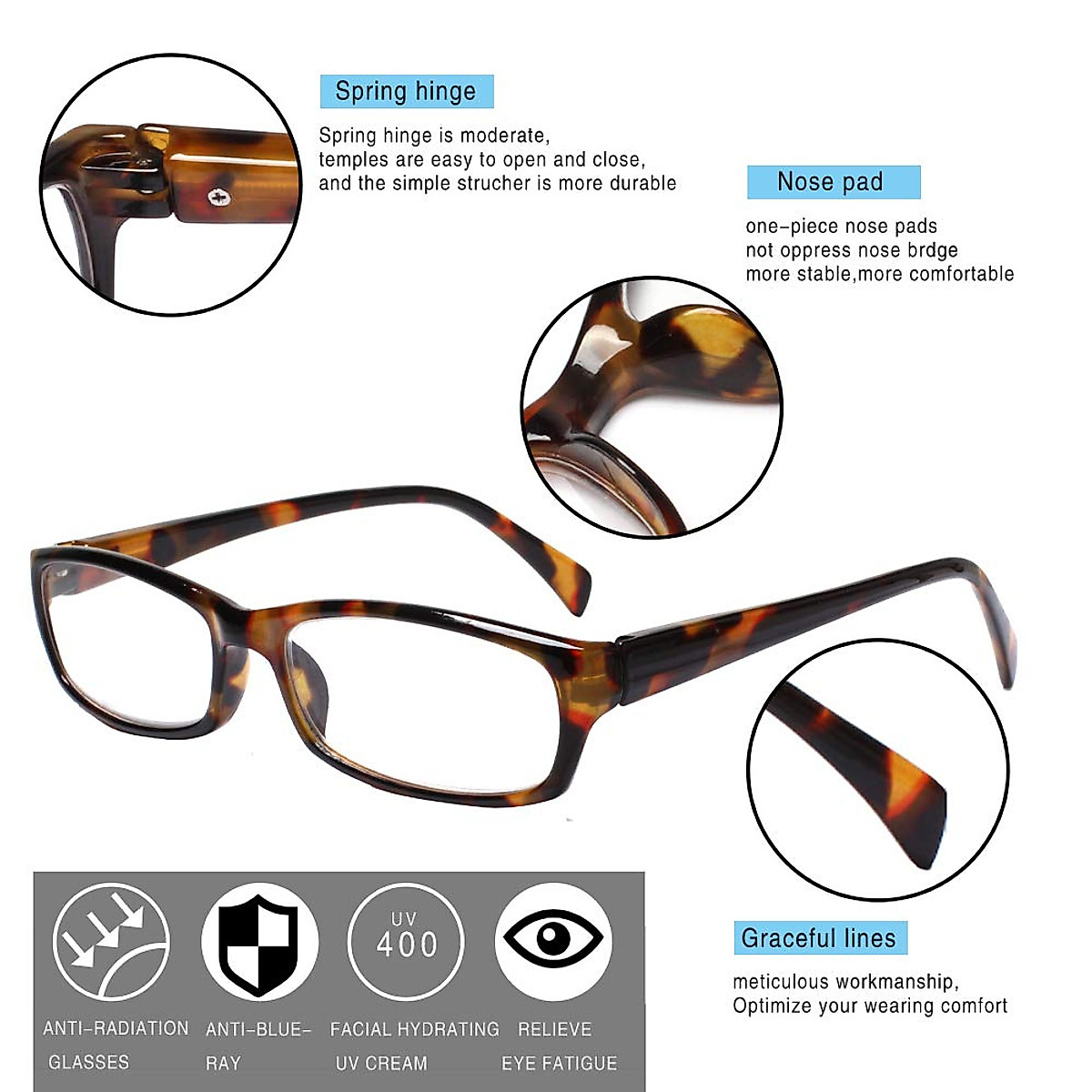 Henotin 5-Pack Reading Glasses Blue Light Blocking Anti Eyestrain Computer Reading Glasses for Women and Men Readers (5 Pack Mix Color, 2.50)