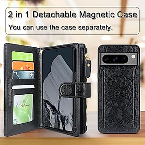 Harryshell Compatible with Google Pixel 8 Pro Case Wallet Detachable Magnetic Cover Leather Case Cover with Cash Coin Zipper Pocket 12 Card Slots Holder Wrist Strap Lanyard (Flower Black)