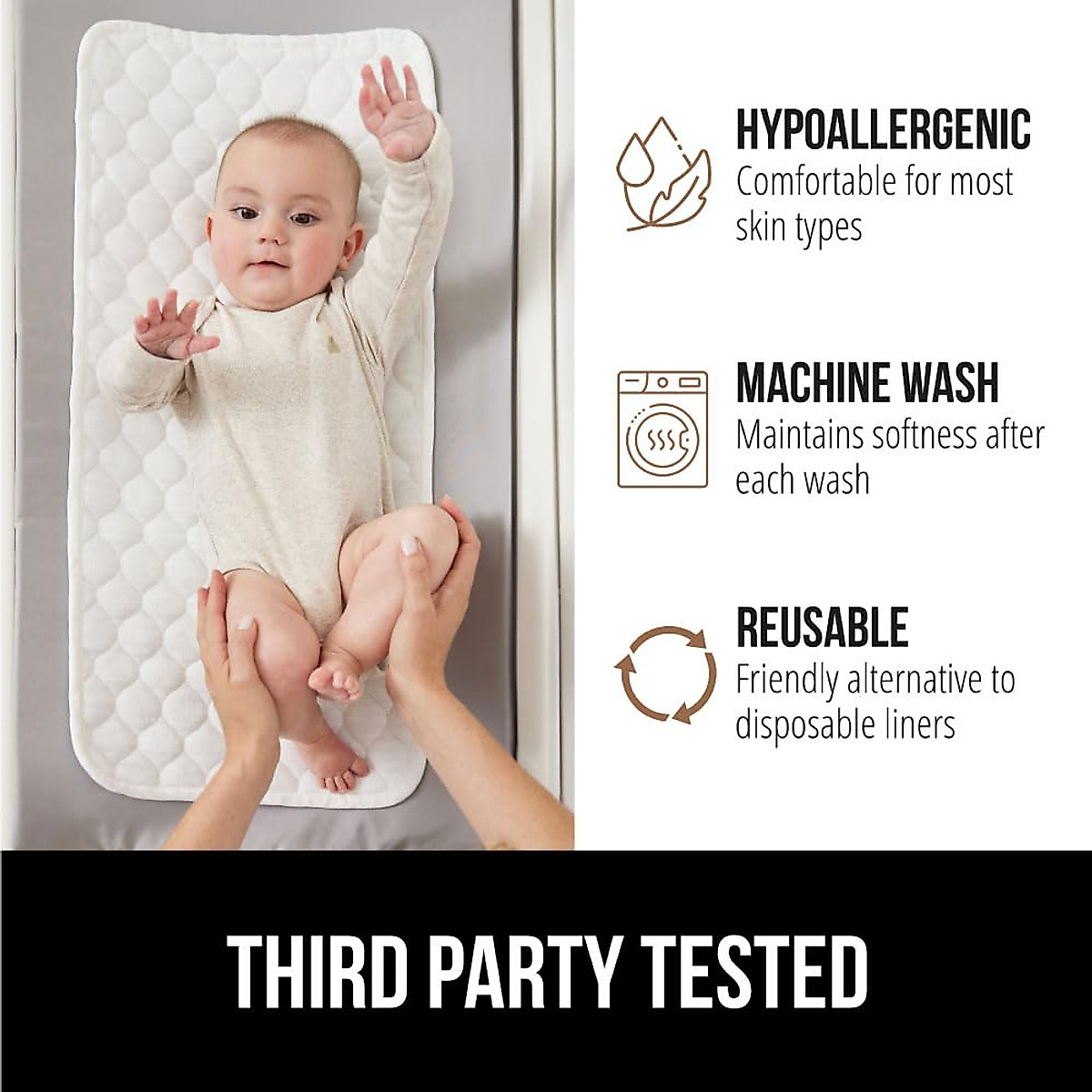 Gorilla Grip 3 Pack Soft 100% Waterproof Hypoallergenic Absorbent Baby Changing Liners, Stay in Place Pad, Slip Resistant, Quilted Machine Washable Reusable Liner Pads, Diaper Table Mat Cover, Gray