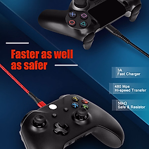 XUANMEIKE Charger Cable for Xbox One Controller, 2 Pack 10FT Super Long Nylon Charging Cable, Compatible with Xbox One S/X, PS4 Slim/Pro Controller, Android Phone (Black & Red)