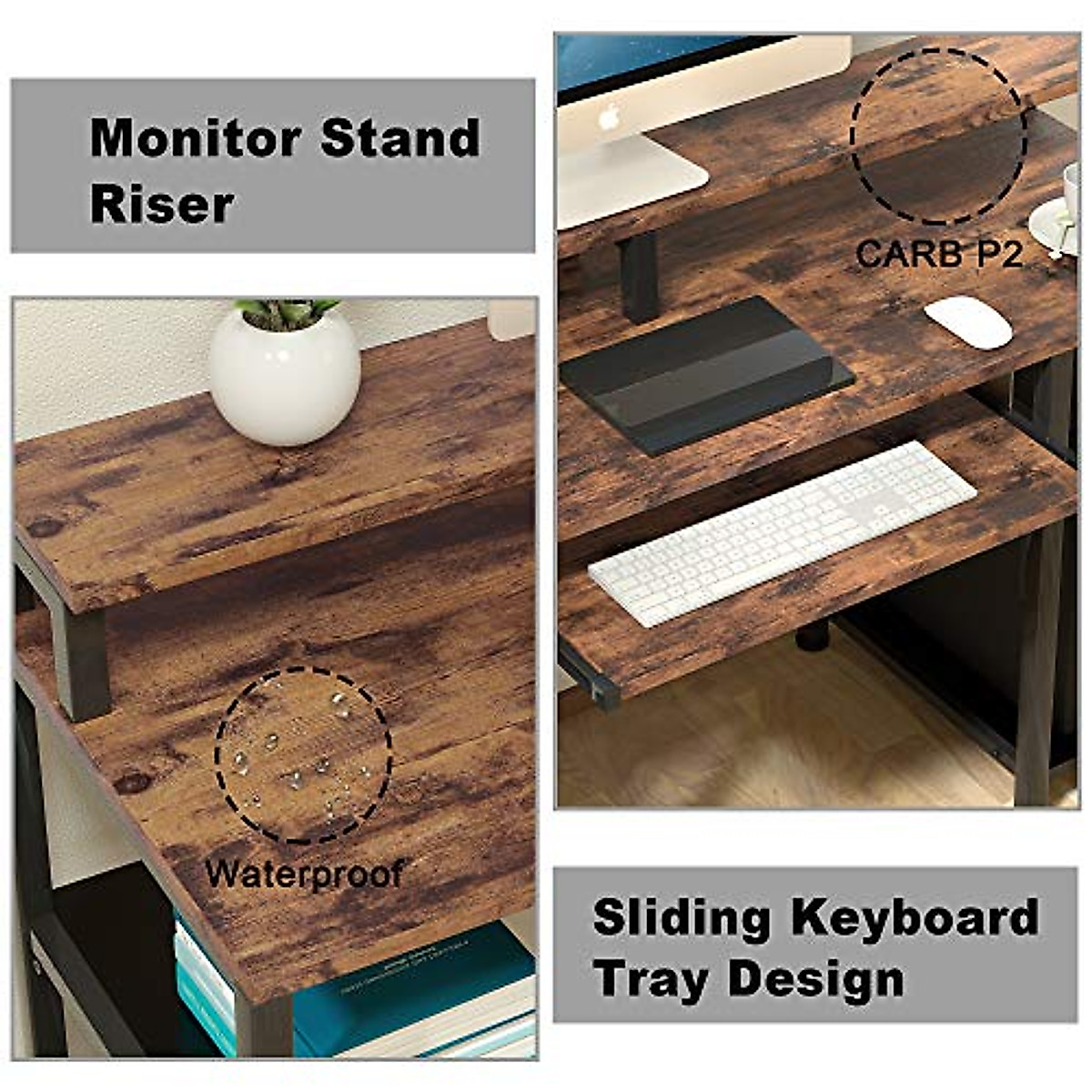 TechLand Industrial Computer Desk with Storage Shelves/Keyboard Tray/Monitor Stand, Modern Study Writing Table Workstation for Home Office