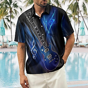 Ecosunny Men's Blue Lightning Electric Guitar Shirts Short Sleeve Hawaiian Gradient Casual Button Down Music Shirt