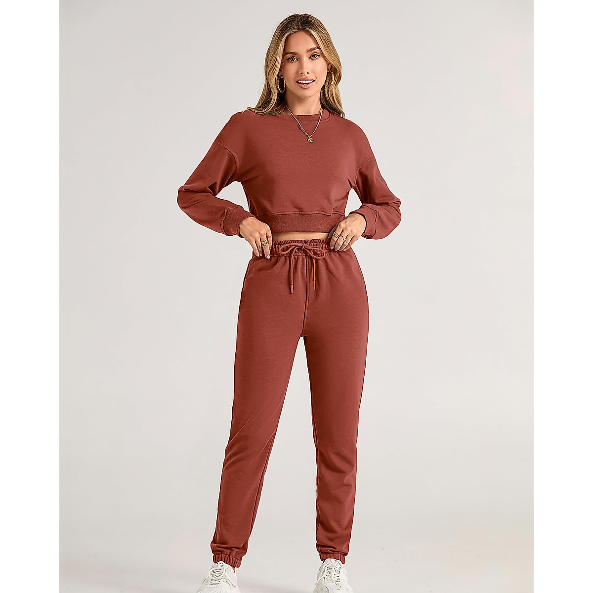 BTFBM Women 2 Piece Outfits Long Sleeve Crop Top Pullover Drawstring Pant Jogger Set Casual Sweatsuits Tracksuit Pockets(Solid Brick Red, X-Large)