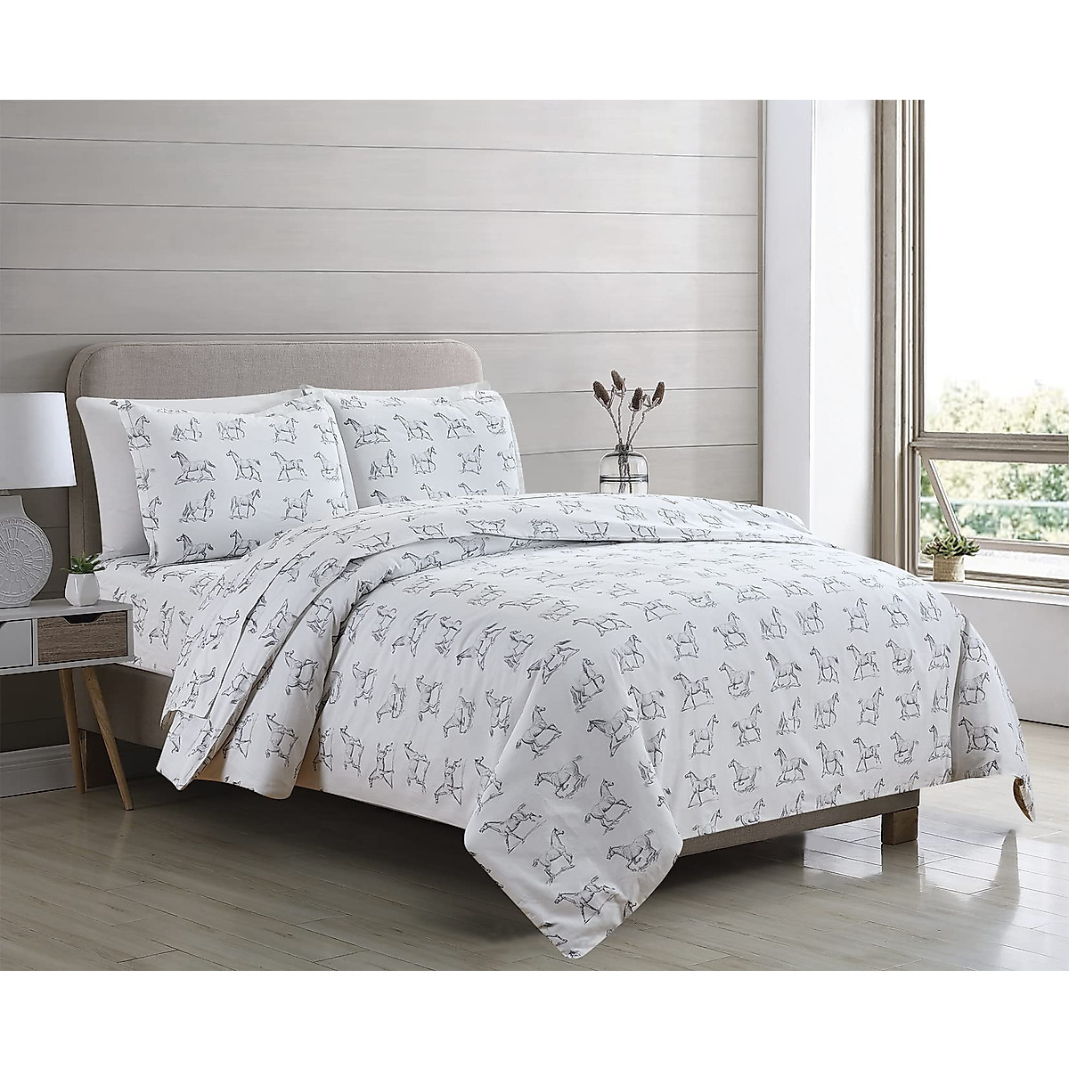 Melange Home Horses 400 Thread Count Cotton Duvet Set, Twin/Twin XL,Grey