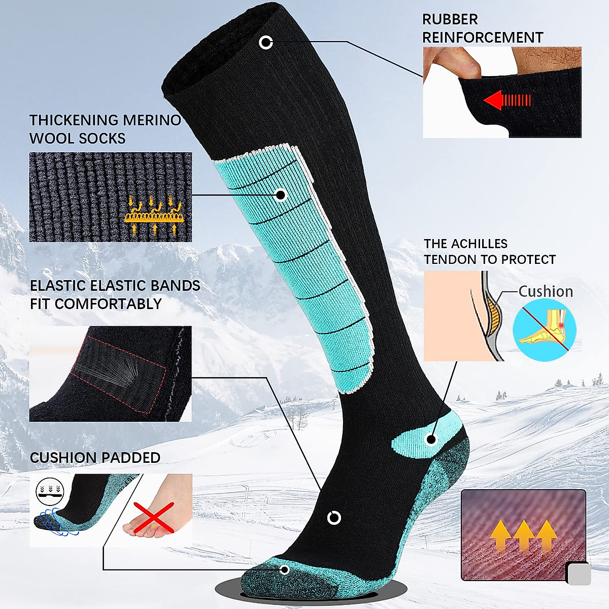 Hylaea Merino Wool Ski Socks, Cold Weather Socks for Snowboarding, Snow, Winter, Thermal Knee-high Warm Socks, Hunting, Outdoor Sports (2 Pairs (Grey Blue), X-Large)