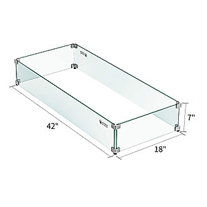 Skyflame Rectangular Stainless Steel Drop-in Fire Pit Pan and Burner with Burner Cover, Include 42" X 18" Fire Pit Glass Wind Guard