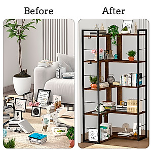 RKVPCNE 5 Tier L Shaped Bookshelf Wood Bookcase with 2 Hooks Modern Corner Bookshelf Library Industrial Shelving Book Case Adjustable Book Shelves for Bedroom Living Room Home Office Rustic Brown
