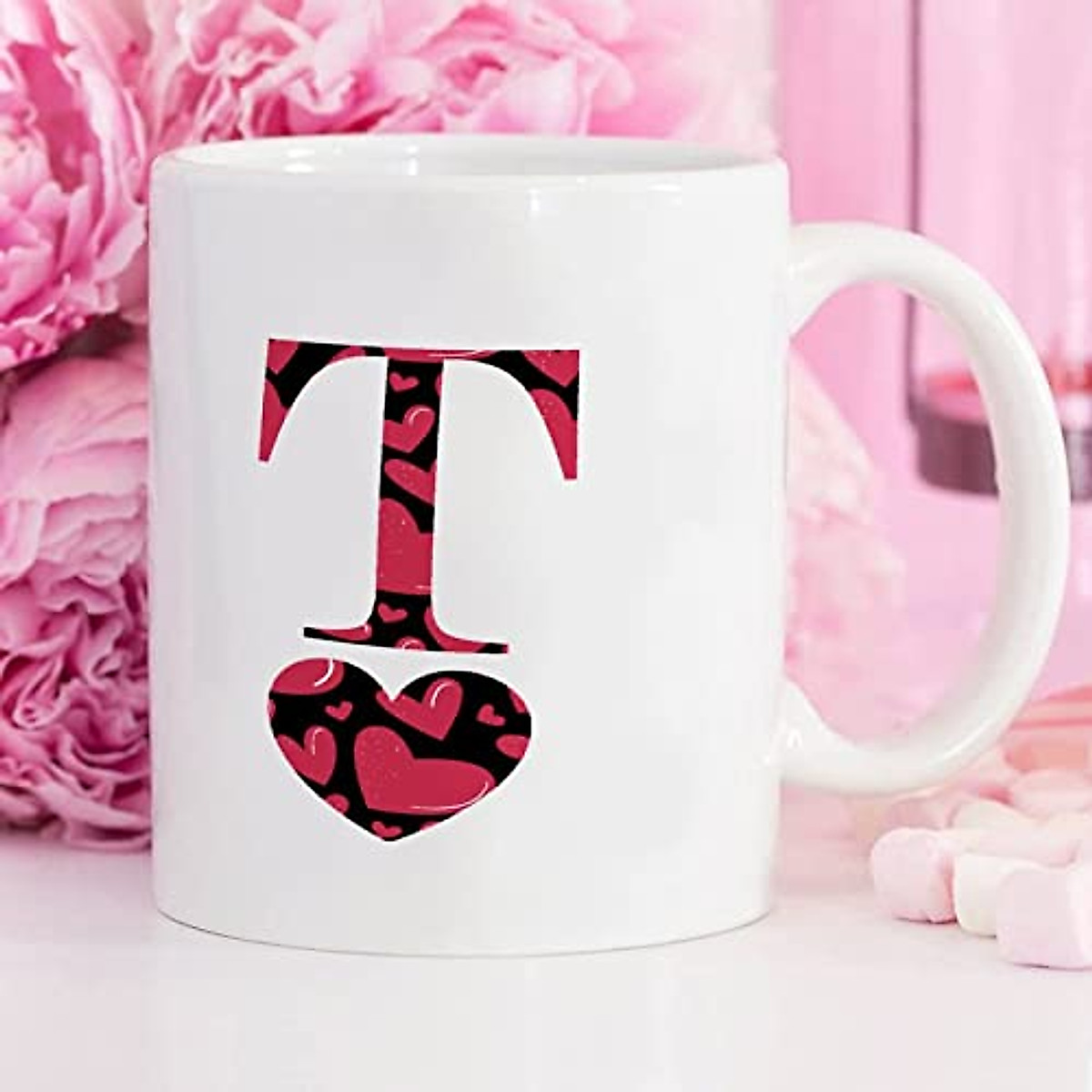 Valentine's Day Love Monogram Letter T Coffee Mug Happy Valentine's Day Mug 11oz Black Red Love Heart Porcelain Tea Cup Custom Name Cup for Coffee Lover Women Funny Mug Holiday Gift Item