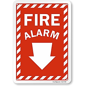 SmartSign 10 x 7 inch “Fire Alarm” Sign with Down Arrow and Pre-Cleared Holes, Digitally Printed, 55 mil HDPE Plastic, Red and white, Made in USA