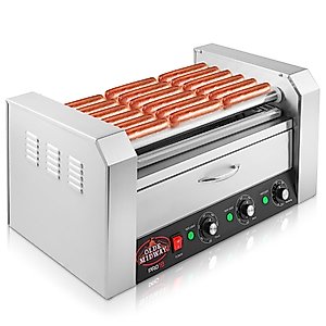 Olde Midway Electric 30 Hot Dog 11 Roller Grill Cooker Machine with Bun Warming Drawer and Cover - Commercial Grade, Stainless Steel