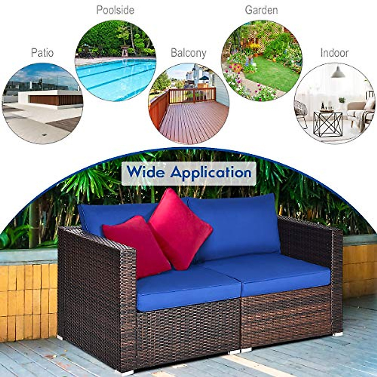 Tangkula Wicker Loveseat 2 Piece, Patio Furniture Couch with Removable Cushions, Rattan Loveseat Sofa for Balcony, Deck, Garden and Poolside