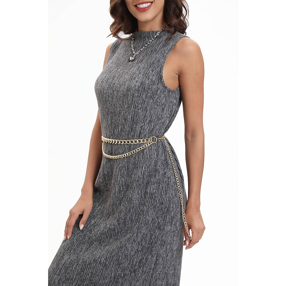 FAN&LOUIS Gold Waist Chain Belt for Women Dresses Jeans Cute Ladies Metal Gold Plated Body Chain Belt Link Dangling Cinturones De Mujer Para Vestidos M