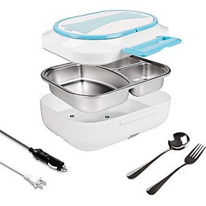 CTSZOOM Electric Lunch Box Food Warmer for Car Truck and Home Portable Food Warmer Heater 3 compartment Container with Spoon and Fork Lunch Box White Blue