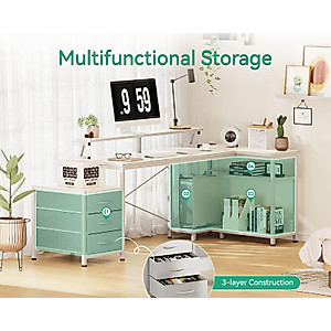 AODK L Shaped Gaming Desk with Drawers, Reversible Corner Computer Desk with LED Lights & Power Outlets, Large Home Office Desk withMonitor Stand & Storage Shelf, 58Inch - 71Inch, White