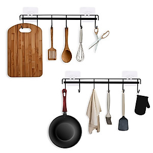 Kalione 2 Pack Wall Mount Utensil Rail Rack, Stainless Steel, 2pcs Adhesive Utensil Holder Hooks for Kitchen Bathroom