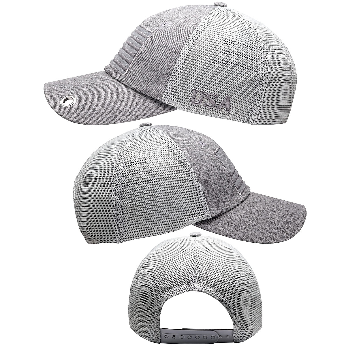 Antourage American Flag Unconstructed Hat for Men and Women Twill Mesh Snapback Baseball USA Flag Cap + 2 Patriotic Patches ((52) Grey Classic Mesh Snapback with Keyhole)