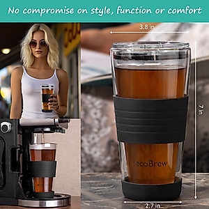 ecoBrew 16oz Double Wall Glass Tumbler with Lid, Glass Travel Mug, Dishwasher Safe & Microwavable Clear Coffee Tumbler To Go, Reusable Ceramic Cup with Lid
