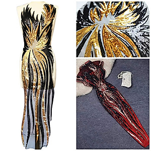 African Sequins Long Appliques Patches Embroidered Nigerian Lace Fabrics French Tulle for Women Evening Clothes Prom Dresses(Black and Gold, 1 Piece(30x130cm))