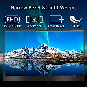 USB-C Portable Monitor - 15.6 Inch FHD 1080p FHD HDR FreeSync Zero Frame USB-C Computer Display with Dual Type-C Mini HDMI for Laptop PC Phone Mac Surface Xbox PS4 Switch, with Smart case (Renewed)