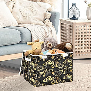 SDMKA Beautiful Gold Butterflies Storage Bins with Lids Foldable Storage Cube Boxes Fabric Storage Organizer Basket for Home, Bedroom, Office, Closet (16.5x12.6x11.8)