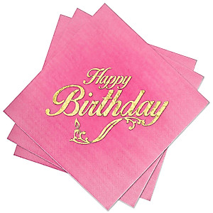 72 Pack Birthday Party Cocktail Napkins - 5x5 Inches - 3 Ply - Pink Ombre Color with Happy Birthday Gold Foil Stamp