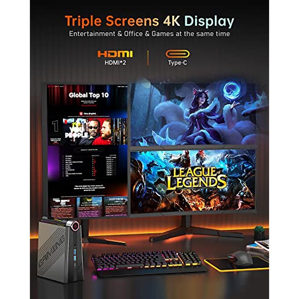 KAMRUI Ryzen Mini PC Gaming,32GB DDR5 Dual Channel 512GB SSD Mini Computer Tower with AMD Ryzen 7 7735HS, Small Desktop Computers Support 4K Triple Screen,RGB Lights,WiFi6,BT5.2,Type C,Windows 11 Pro
