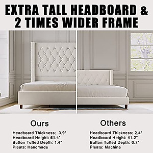 PaPaJet King Platform Bed Frame 61.4" Handmade Headboard Velvet Tall Upholstered Bed Deep Button Tufted/No Box Spring Required/Wood Slat Support/Easy Assembly/Cream