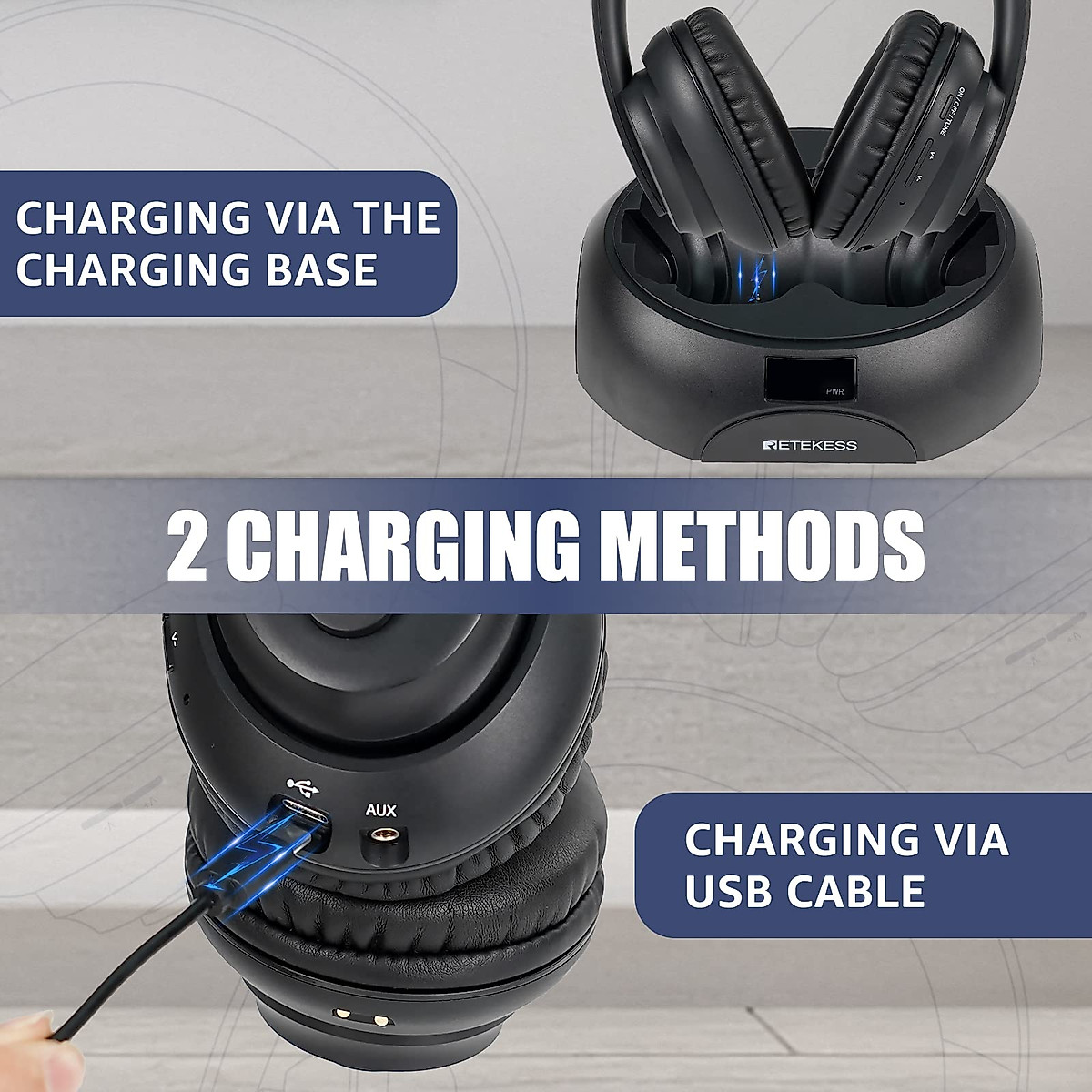 Retekess TA006 Wireless TV Headphones for Seniors,Wireless Headphones for TV,Power Display,No Lip-Sync Delay,Support Optical,Coaxial,AUX, RCA,TV Headphones with Charging Dock (Pack of 1)