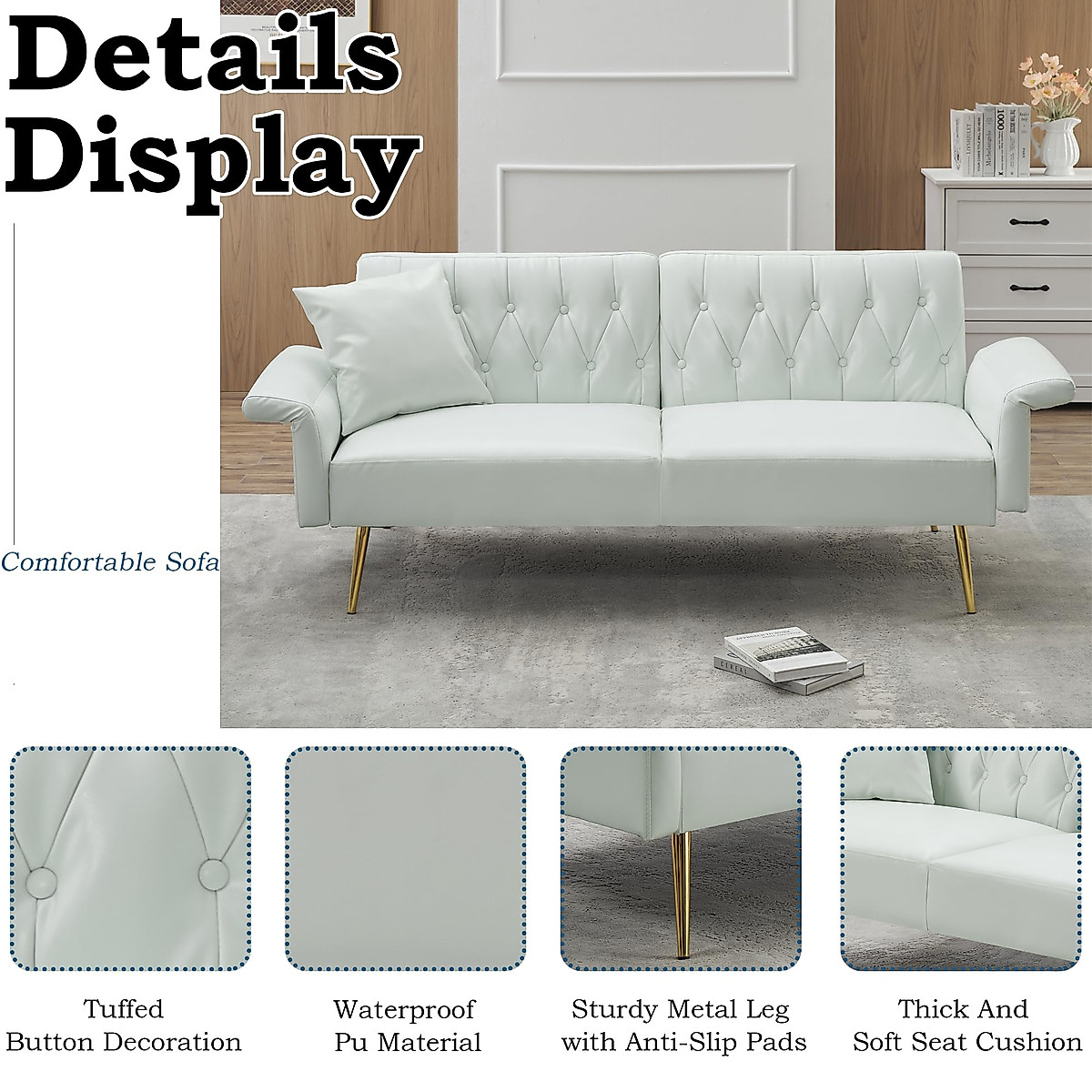 Jintop 67.71 Inch Waterproof Faux Leather Upholstered Sleeper Sofa-Bed and Adjustment Armres,Tuffed Button Couch Chaise w/Metal Legs & Pillows,for Dorm,Apartment,Studio,White, 67.71"