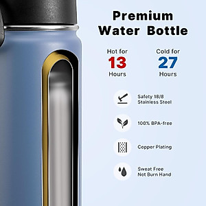 koodee 16 oz Water Bottle for Kids Stainless Steel Double Wall Vacuum Insulated Wide Mouth Flask with Leakproof Straw Lid (Royal Blue)