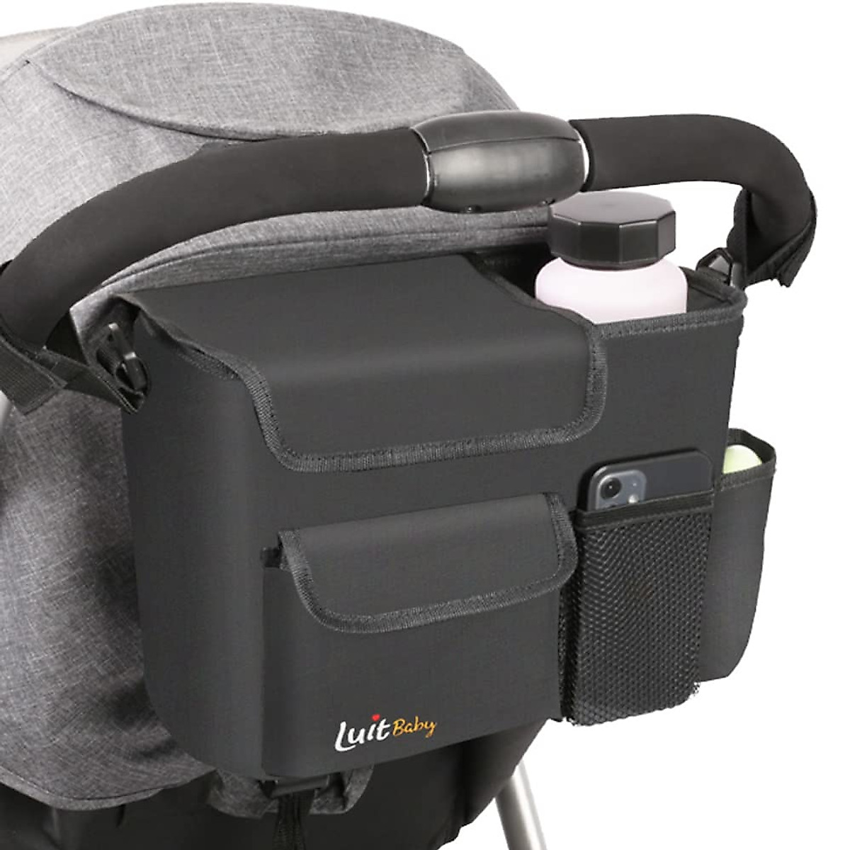 LuitBaby Large Universal Stroller Organizer Bag with Insulated Stroller Cup and Phone Holder | Stroller Accessories Organizer and Waterproof Bottle Holder and Shoulder Strap (Black)