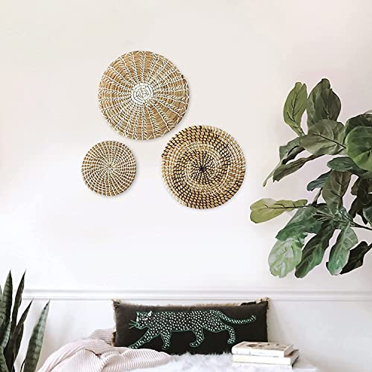 Farmhouse Room Decor Basket- Set of 3 Wall Hanging Seagrass Shallow Basket - Handwoven Southwestern Decorative Tobacco Baskets (Rustic Mix)