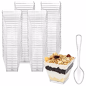 Colovis Mini Dessert Cups, 100 CT 2oz Clear Plastic Parfait Appetizer Cups with Spoons Mini Square Dessert Bowls for Serving, Tasting (100)