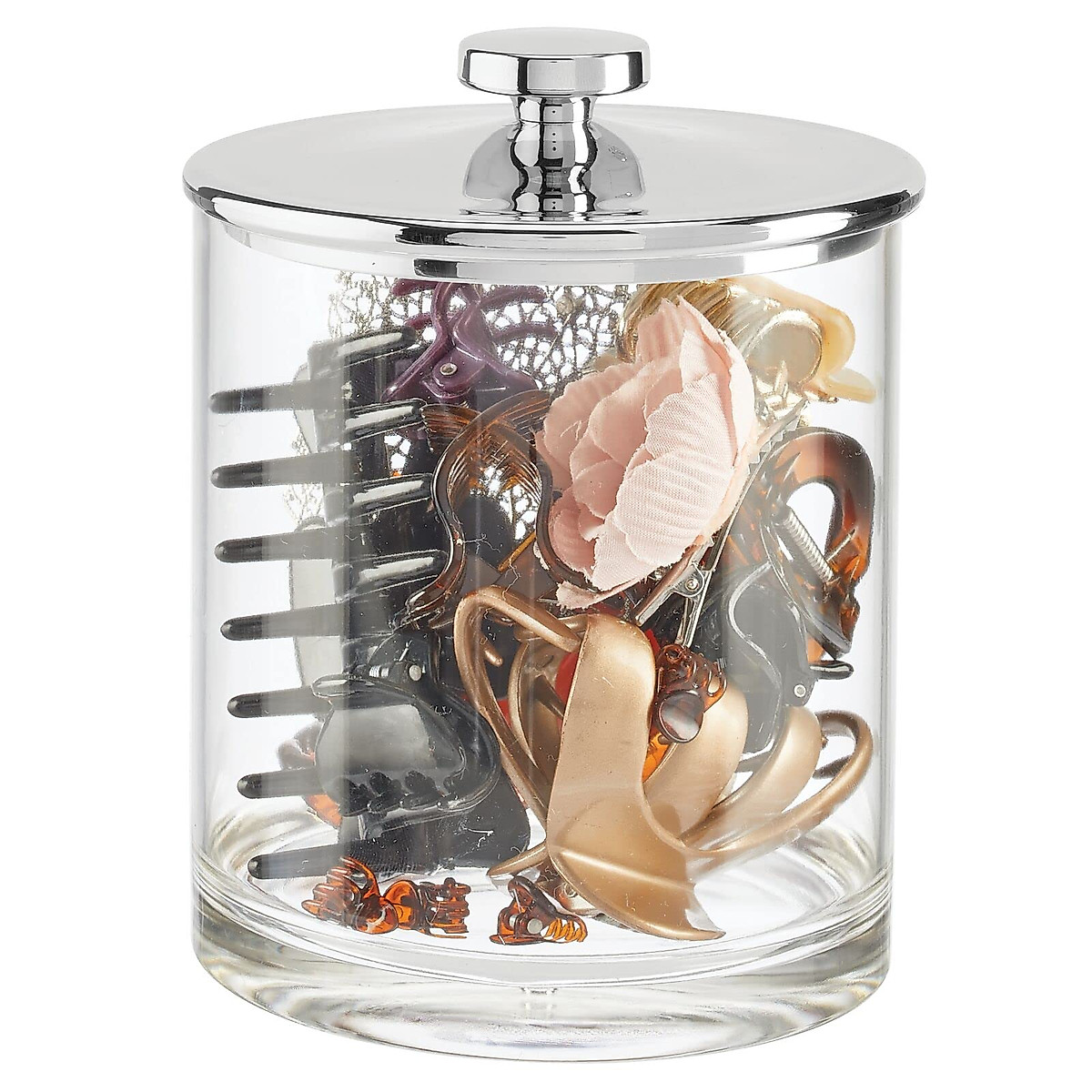 mDesign Medium Modern Apothecary Storage Organizer Canister Jars - Acrylic Containers for Bathroom, Organization Holder for Vanity, Counter, Makeup Table, Lumiere Collection, 2 Pack, Clear/Chrome