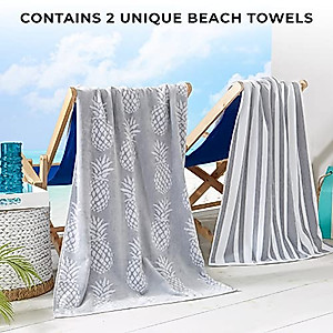 Great Bay Home Large Beach Towel Set of 2 - Pineapple and Striped Beach Towels for Adults and Velour Pool Towels 100% Cotton - Lightweight Quick Dry Beach Towel Pack - Beach Towel for Travel