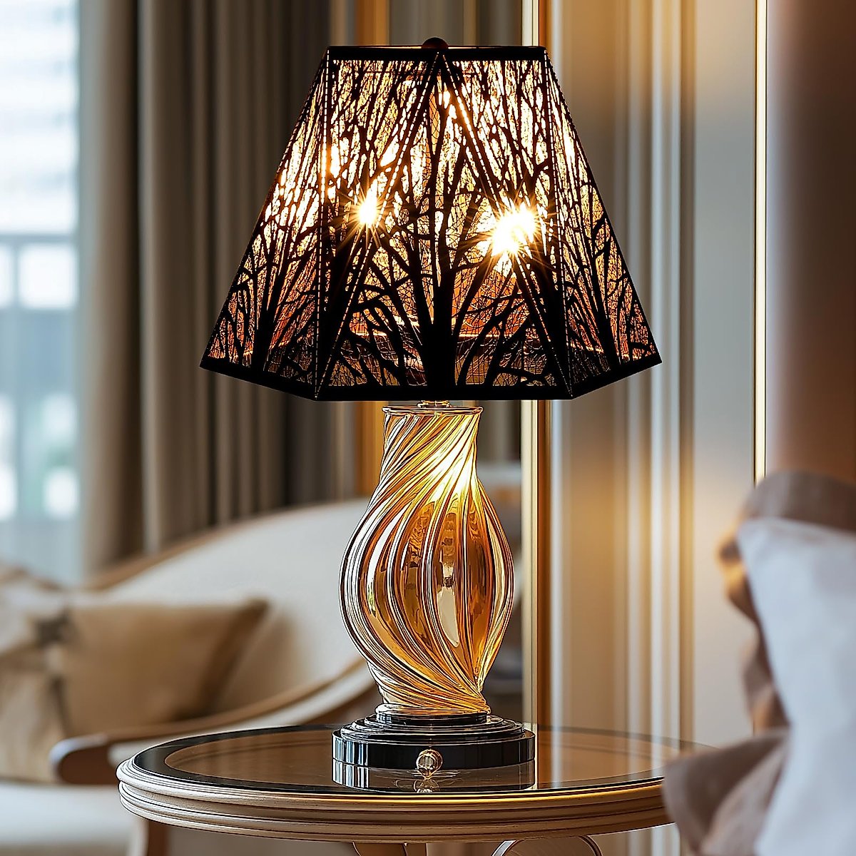 Medium Modern Style Lamp Shades with Multiple Sides, ALUCSET Metal Lampshade with Pattern of Trees for Table Lamp and Floor Light, 7 x 13.8 x 9.5 Inch, Spider (Black/Gold)