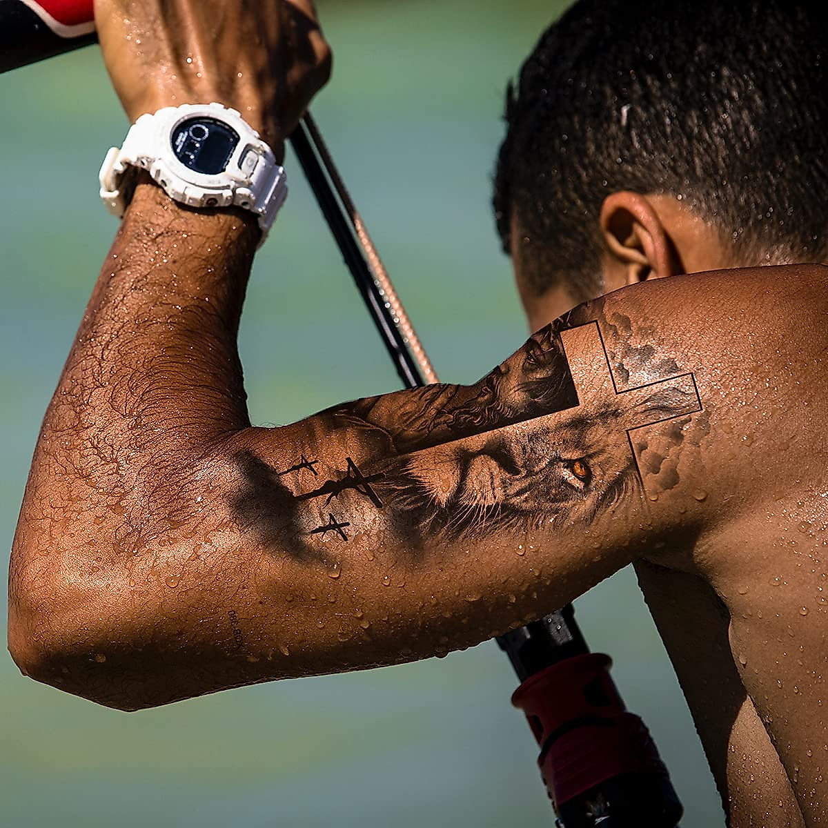 Oottati 2 Sheets Realistic Animal Temporary Tattoos Stickers Forest Lion Jesus Cross Old School Designs For Men Waterproof Arm Leg Fake Body Art, Gym & Parties Bold Masculine Decals