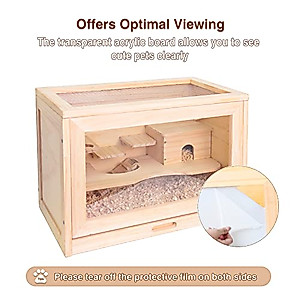 Kaiyopop Hamster Cage Large Wooden Hamster Cages and Habitats, Natural Wooden Hamster House (23.6" L X 15.7" W X 15.7”H) Acrylic Hamster Cage Small Animal Habitat for Rabbits, Guinea Pig, Chinchilla