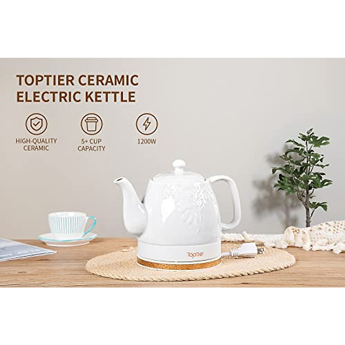 Toptier Electric Ceramic Tea Kettle, Boil Water Quickly and Easily, Detachable Swivel Base & Boil Dry Protection, Carefree Auto Shut Off, 1 L, White Leaf