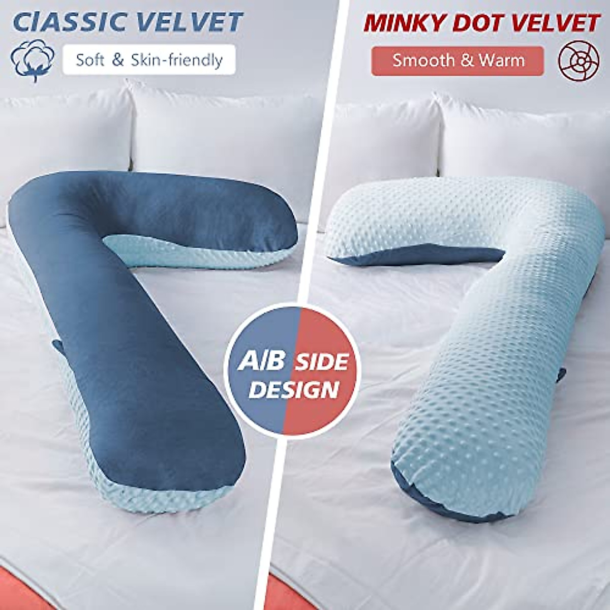 AngQi Full Body Pregnancy Pillow, Pregnancy Pillows for Sleeping, L Shaped Body Pillows for Adults, Maternity Pillow for Side Sleepers with Minky dot & Velvet A/B Side Cover, Dot White & Blue