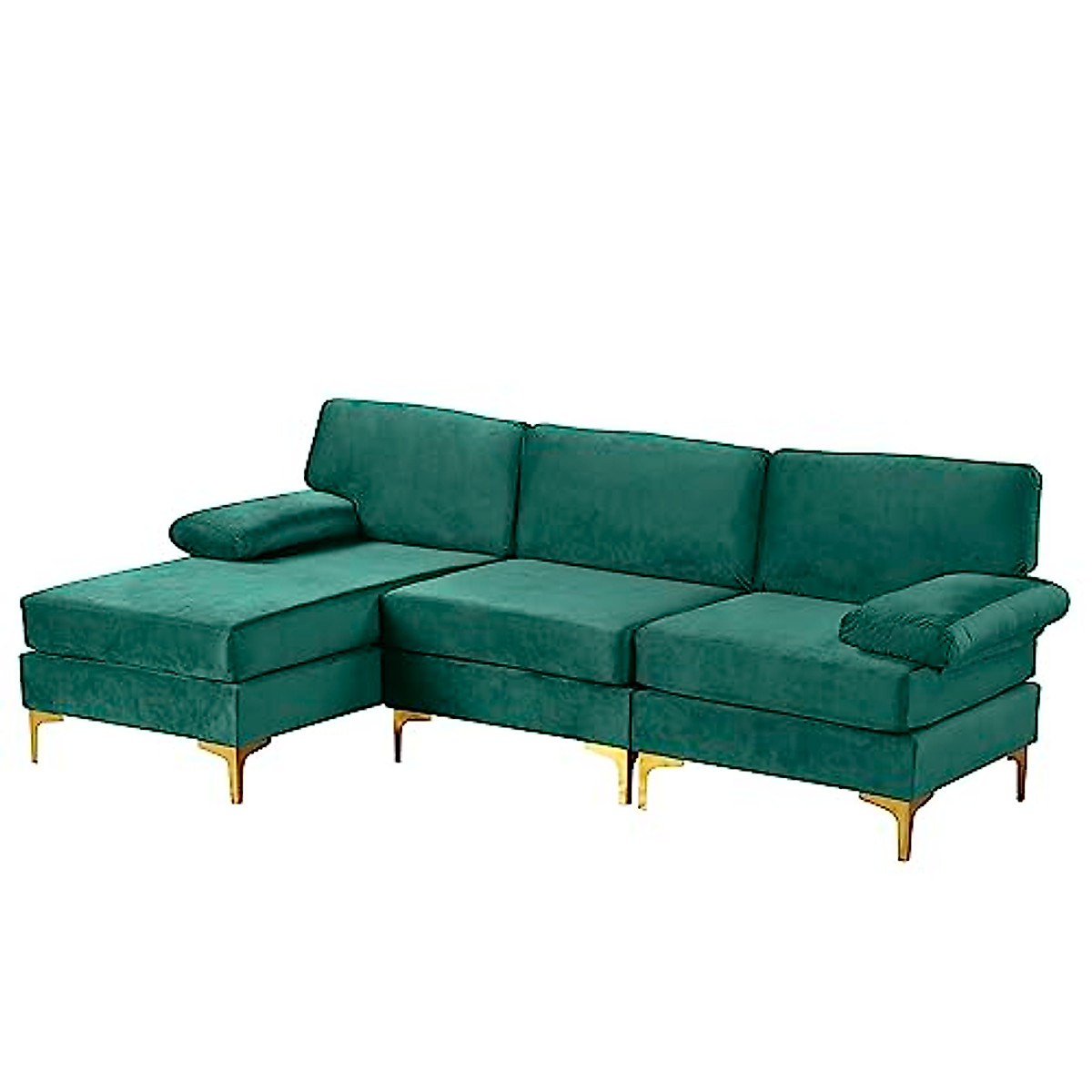 Casa Andrea Milano Modern Sectional Sofa L Shaped Velvet Couch, with Extra Wide Chaise Lounge and Gold Legs, Green