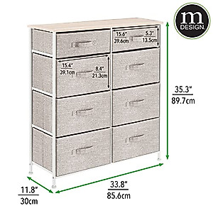 mDesign Tall Steel Frame/Wood Top Storage Dresser Furniture Unit with 8 Slim Removable Fabric Drawers, Large Bureau Organizer for Bedroom, Living Room, Closet - Lido Collection, Linen/Tan, Pack of 1