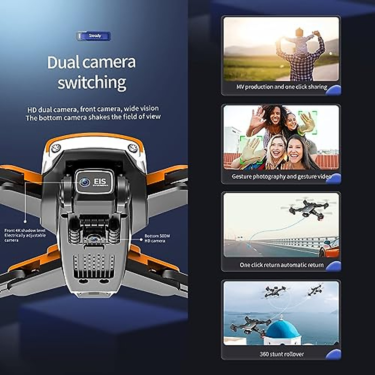 RKSTD Mini RC Drone With Camera - HD RC Drone For Kids, Fpv Adult Beginner RC Drone, One Button Takeoff/Landing, Gravity Sensor, Gesture Control, 3D Flip, Voice Control