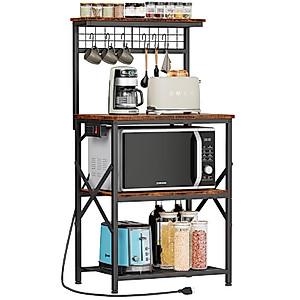 Furologee Kitchen Bakers Rack with Power Outlet, Microwave Oven Stand with Storage 4 Tiers, Coffee Bar Table with 6 S Hooks, Kitchen Storage Shelf Rack for Spices, Pots, Rustic Brown