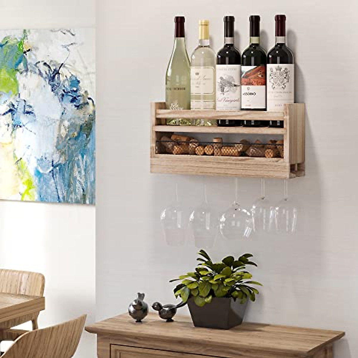 YouHaveSpace Barrel Wall Mounted Wood Wine and Glass Rack with Wire Cork Storage, Hanging Wine Rack for Kitchen, Living Room, Dining Room, Light Burnt Natural