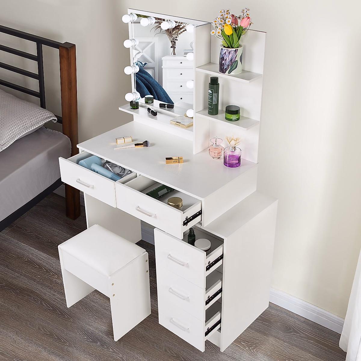 JBLCC Makeup Vanity with Lighted Mirror,Large Vanity Desk with Storage Shelves & 5 Drawers,Cushioned Stool,Makeup Vanity Table with Lights for Bedroom (3080)