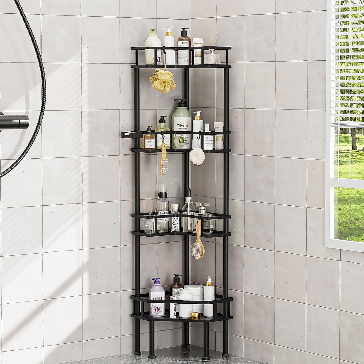 FJNATINH Corner Shower Caddy - 4 Tier Shower Organizer Corner Shelf Stainless Steel Floor Corner Shower Stand Rack for Bathroom Balcony Kitchen, No Drilling Shelves, Adhesive Shower Caddy