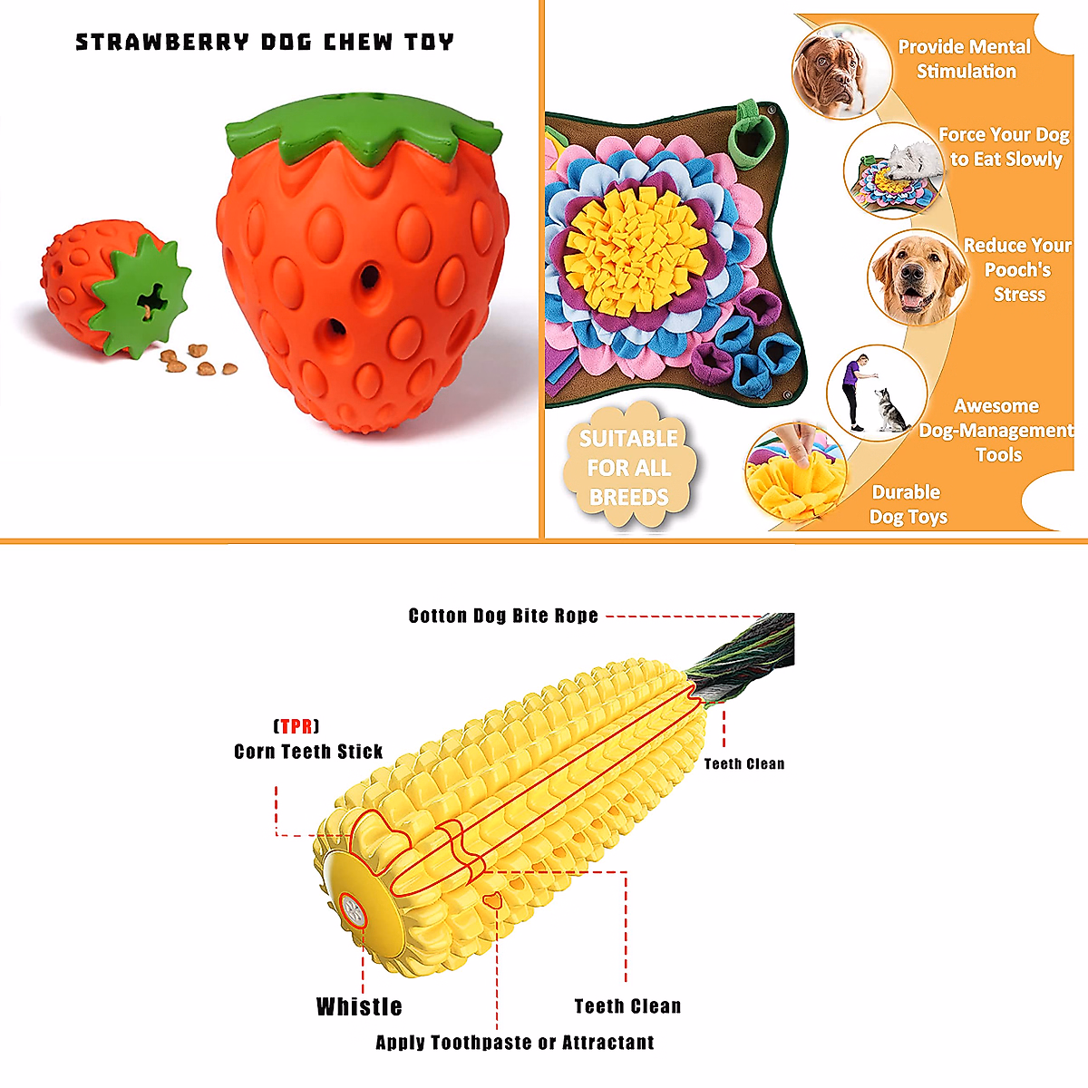 Cdycam Dog Snuffle Mat, Slow Feeding Lick Pad, Strawberry Dog Chew, Corn Squeak Puppy Toy for Small Medium Large Breeds, Interactive Puzzle Toys for Training Foraging Enrichment Skills