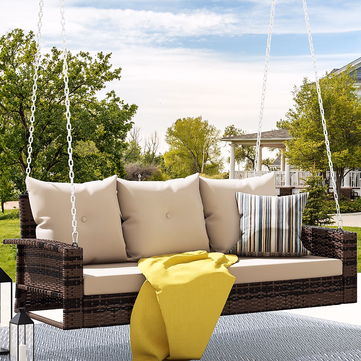 DWVO 3 Seats Porch Swing Hanging Bench Swing Outdoor Wicker Patio Swing Lounge Front Rattan Swing 794lbs for Garden, Balcony, Brown&Beige