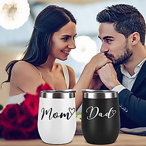 Mom and Dad Wine Tumbler Set, Funny Christmas Gifts for New Parents New Pregnancy New Dad New Mom Anniversary Birthday, Stainless Steel Insulated Wine Tumbler with Lid(12oz, Black and White)